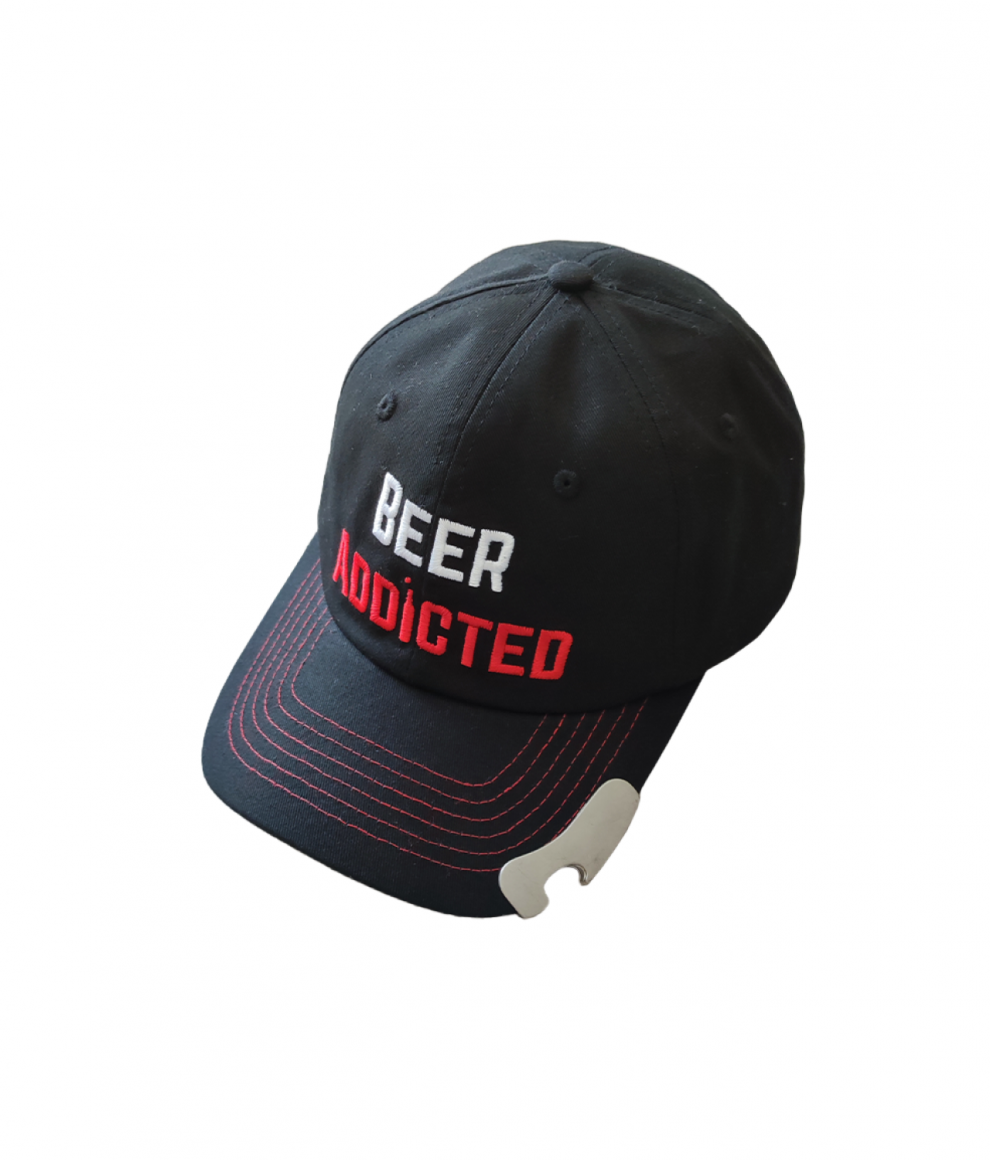 BeerAddicted Hat with Bottle Opener on Visor - BeerAddicted